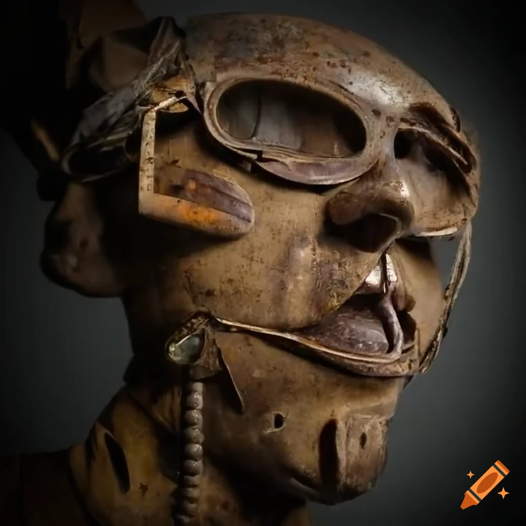 Close-up of a human head with an iron mask and horn-like structures on ...