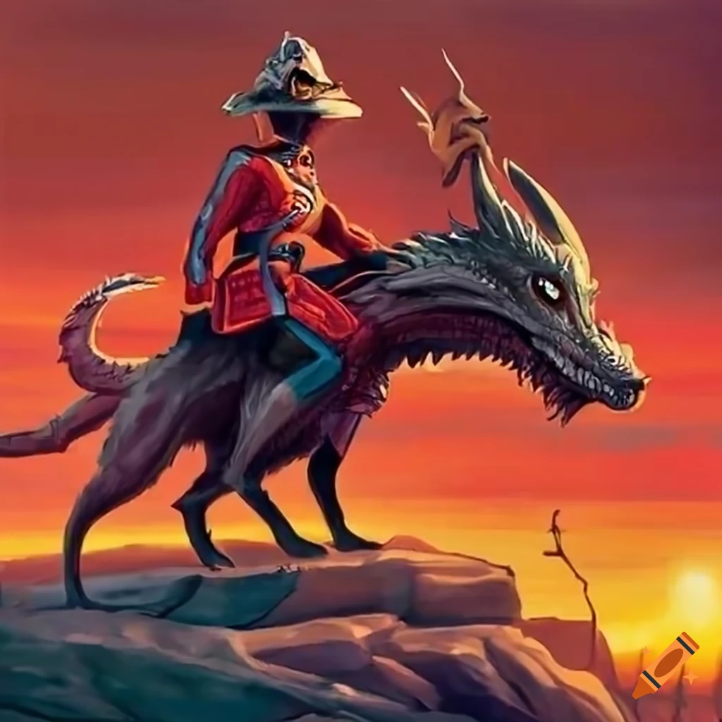 Illustration of canadian mounties riding a fusion of dog and dragon