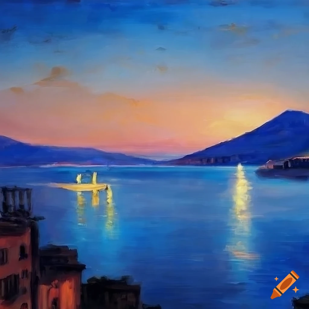 Oil painting of Bay of Naples and Vesuvius at blue hour on Craiyon