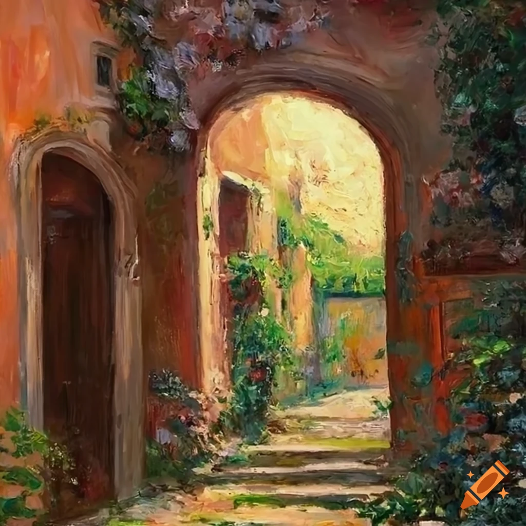 Impressionist painting of an inviting Italian house with a beautiful ...