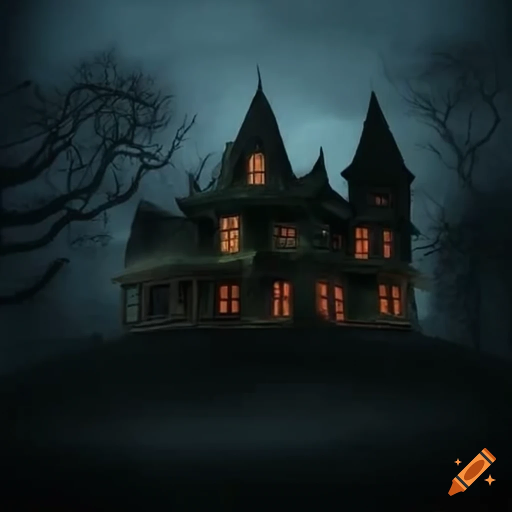 Purple haunted house with halloween decorations on Craiyon