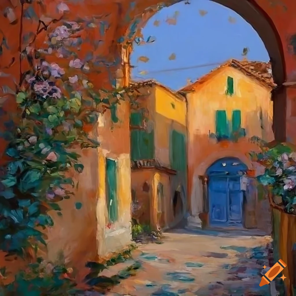 Impressionist painting of a charming italian house with courtyard