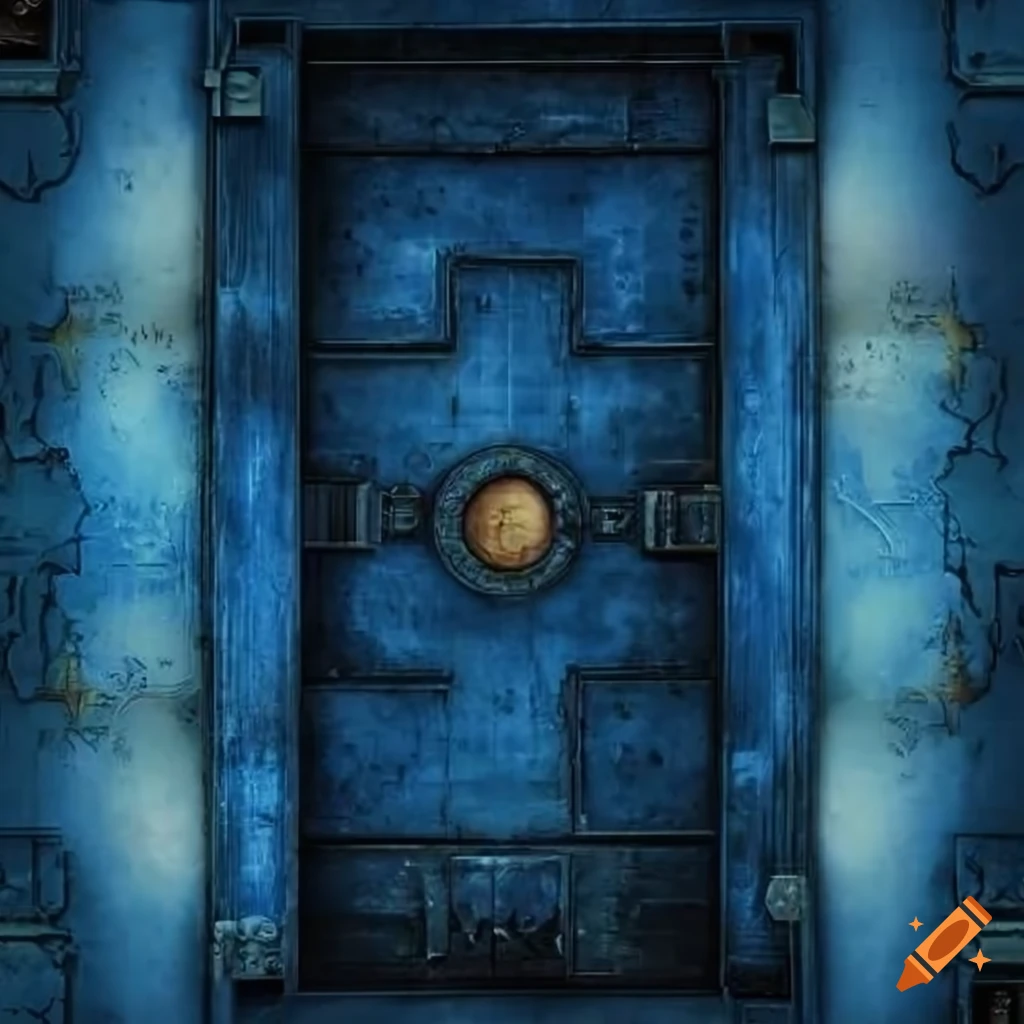 Detailed battle map with a door in a dark blue room on Craiyon