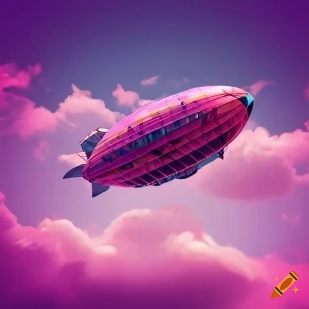 Metal blimp in 1920s streamline art style over pink clouds on Craiyon