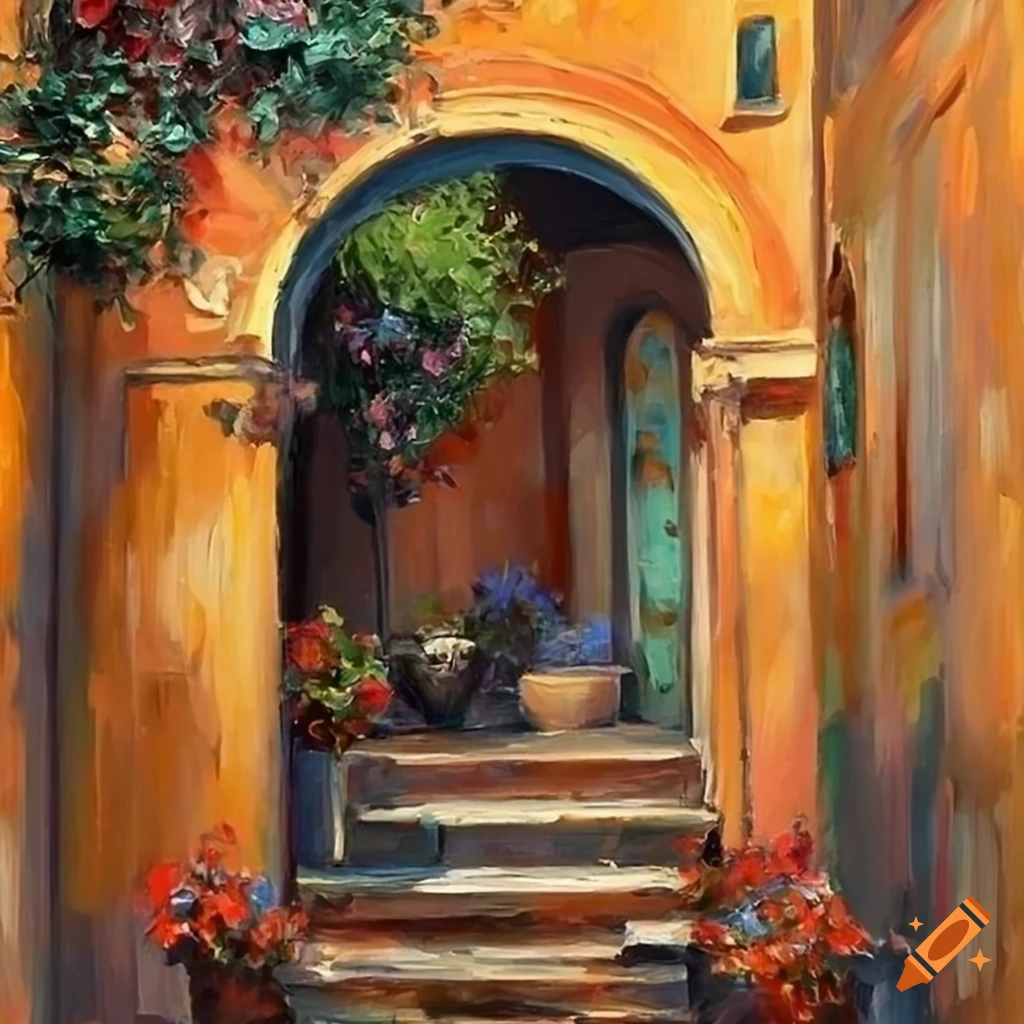 Detailed oil painting of an italian courtyard on Craiyon