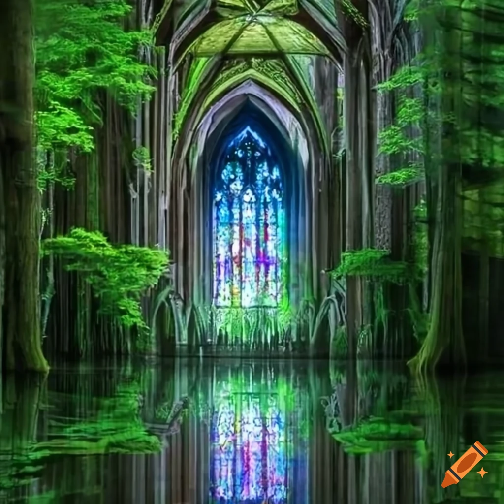 Stunning cathedral with vibrant stained glass and lush forest swamp on ...
