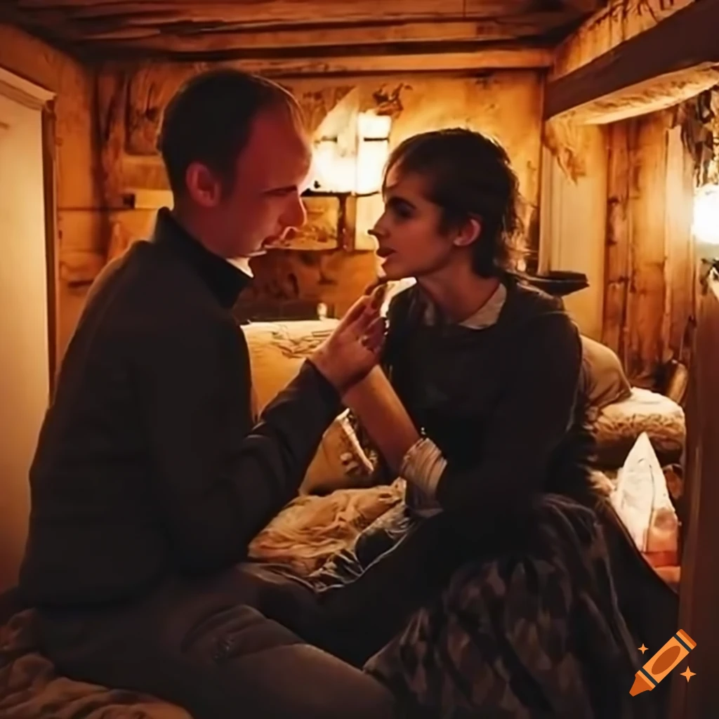Emma watson and david thewlis chatting in a cabin on Craiyon