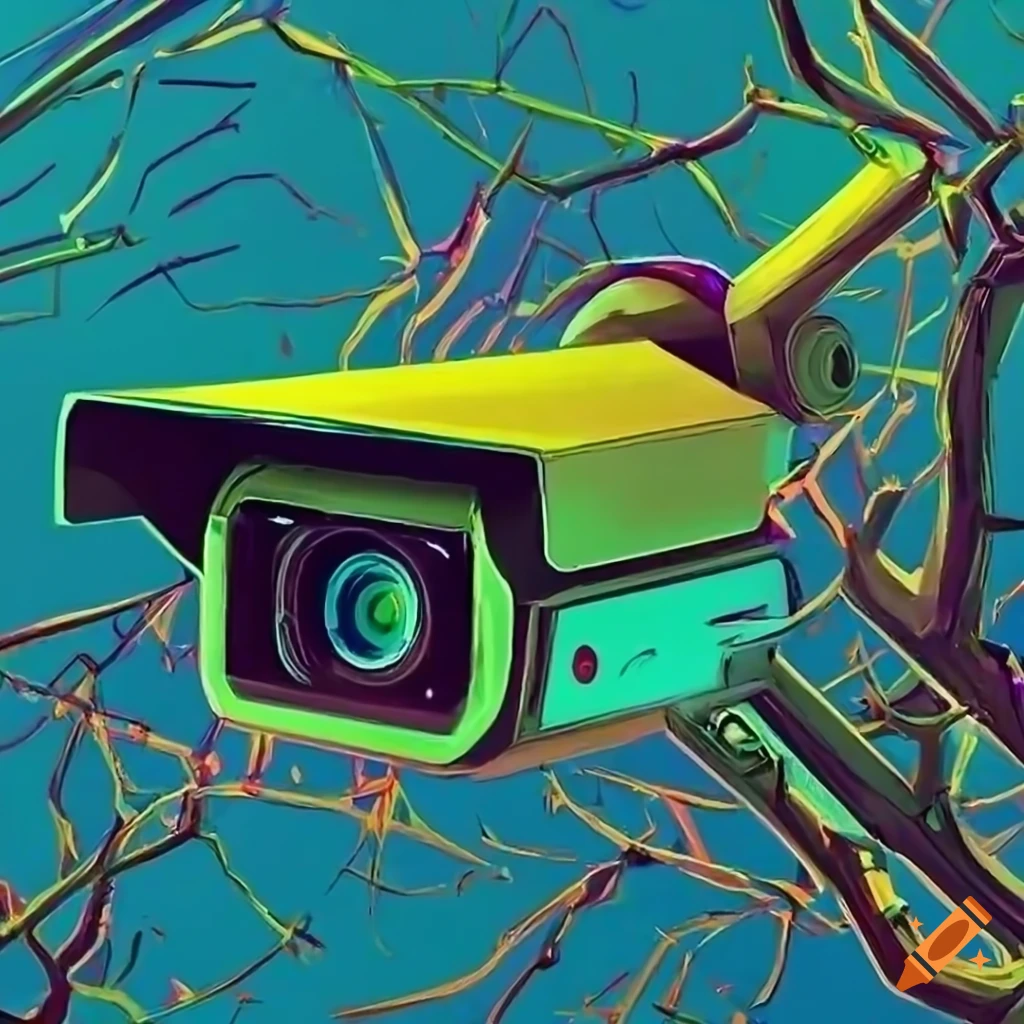 Various security cameras arranged on a christmas tree on Craiyon