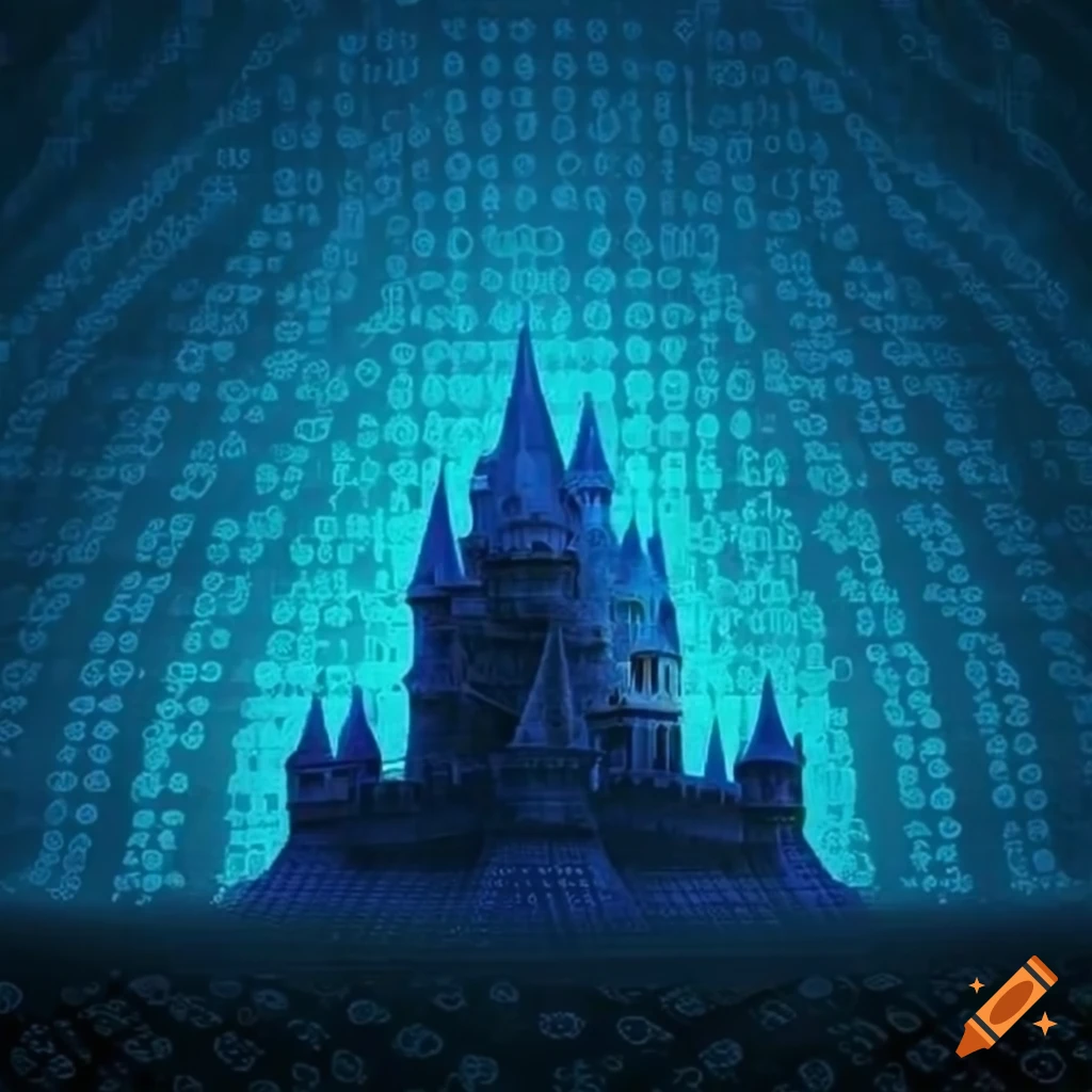 Digital art of a medieval castle and swirling binary code