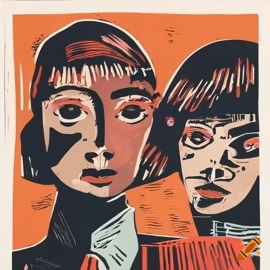 Lino print style illustration of people in the workplace on Craiyon