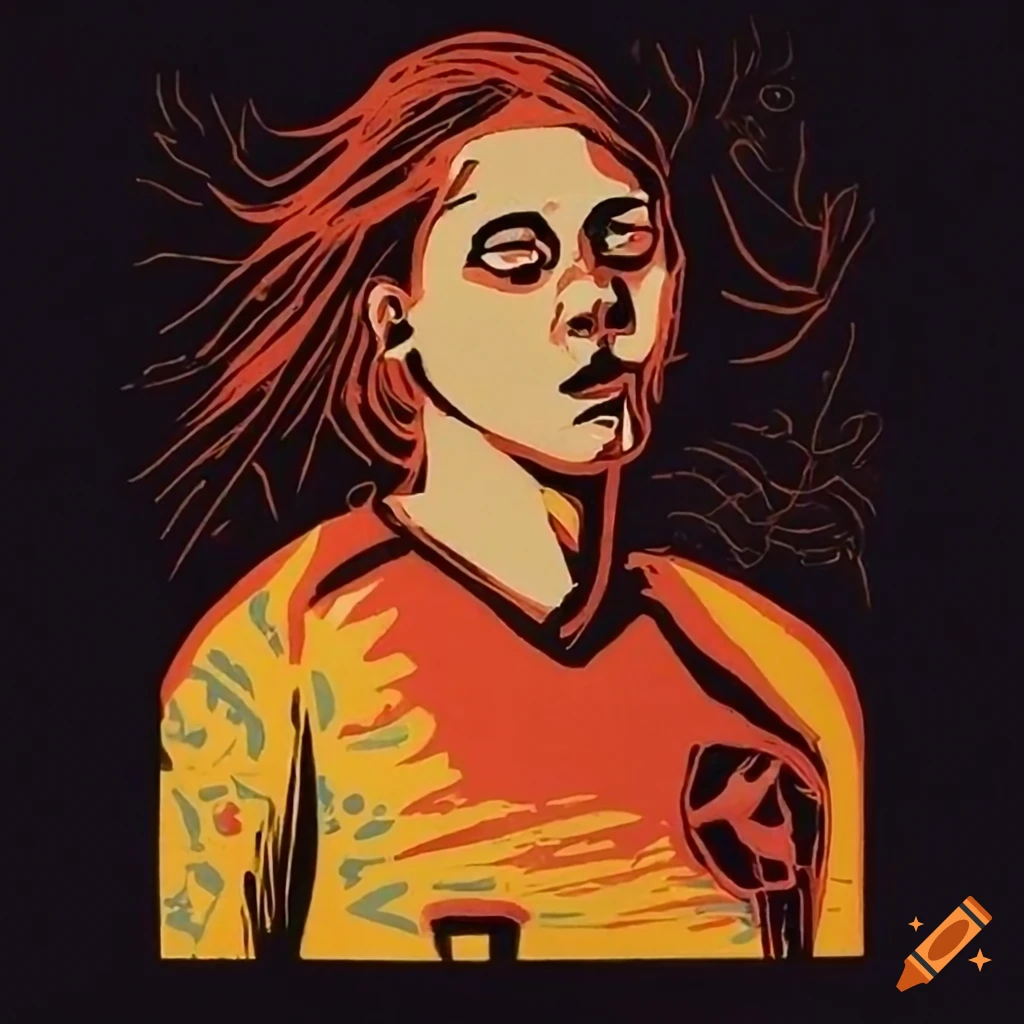 Linocut print of female football players