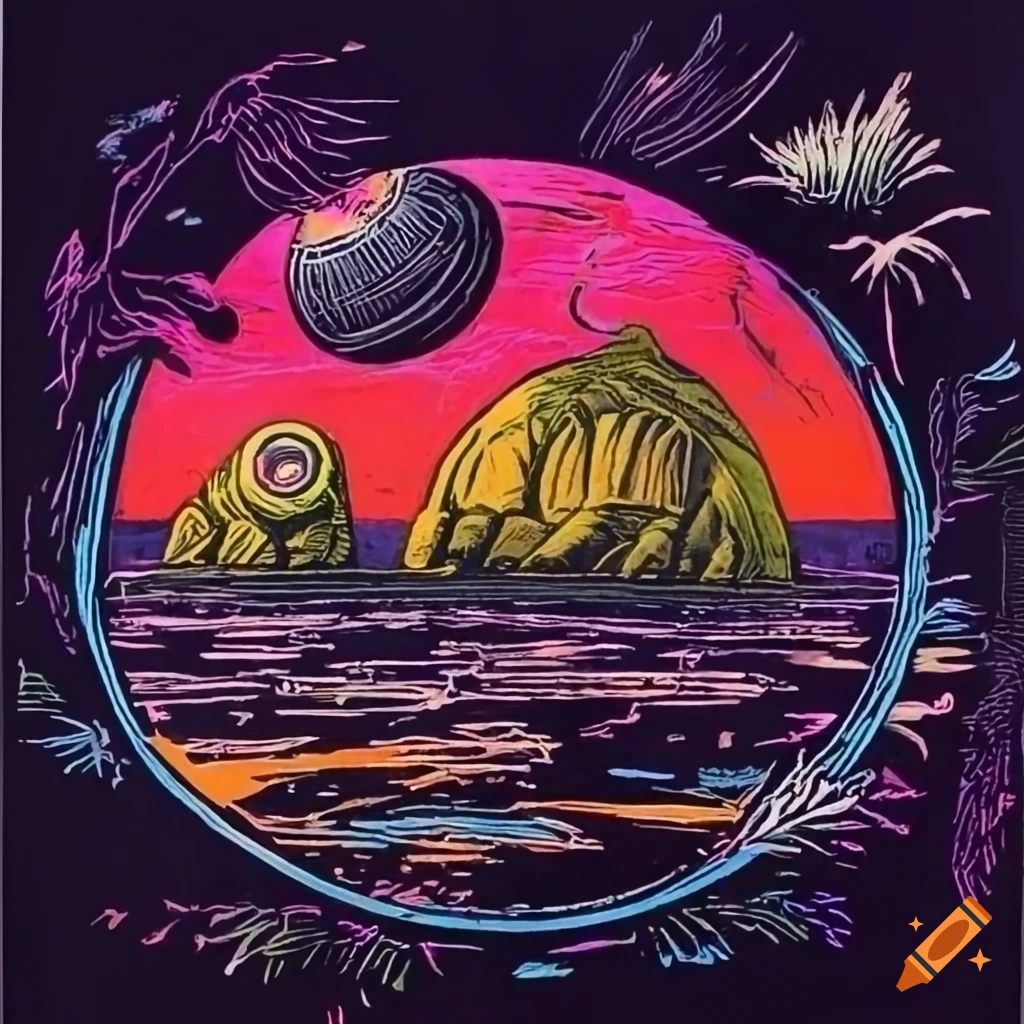 Linocut of an alien landscape with spaceships and astronauts on Craiyon