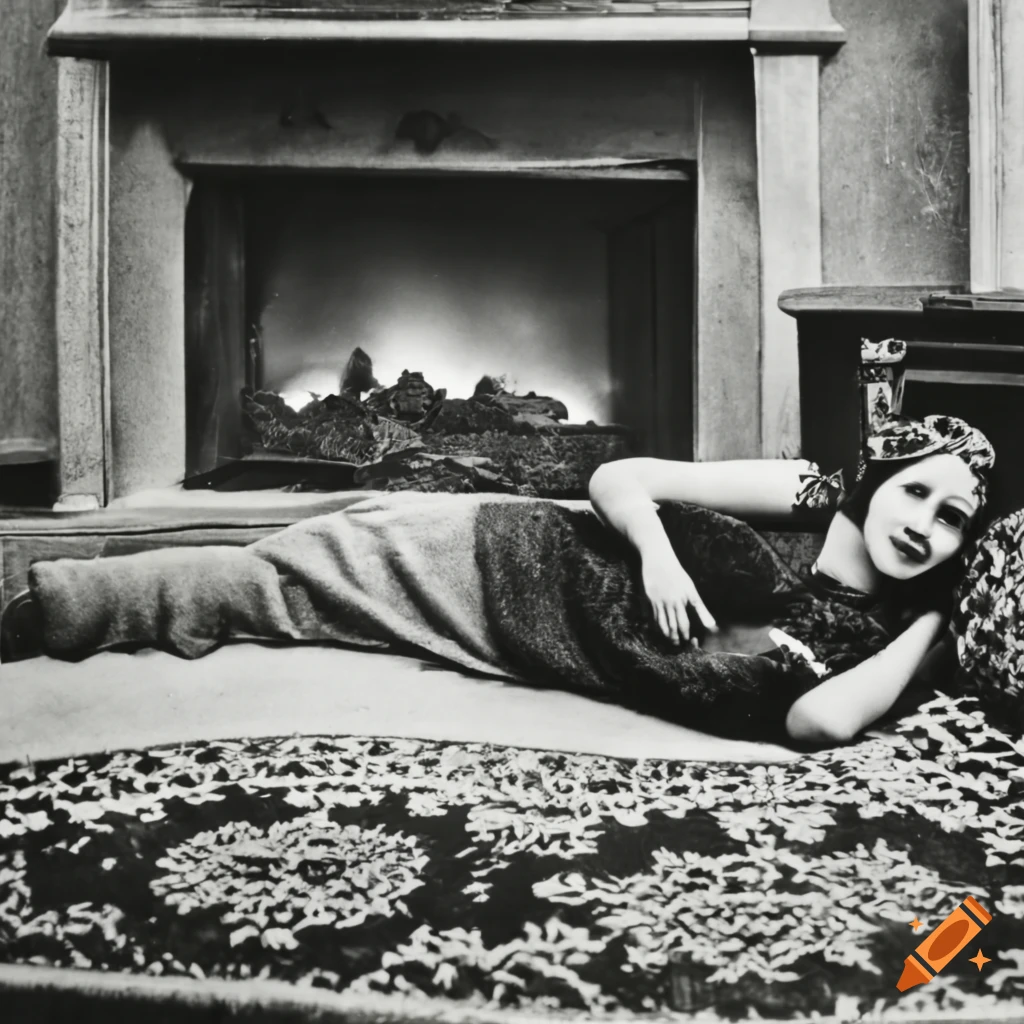 Vintage black and white photo of a girl reclining near a fireplace on ...