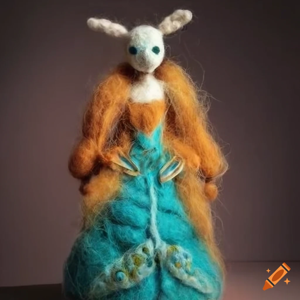 Felted wool creatures wearing intricate fashionable clothing on Craiyon