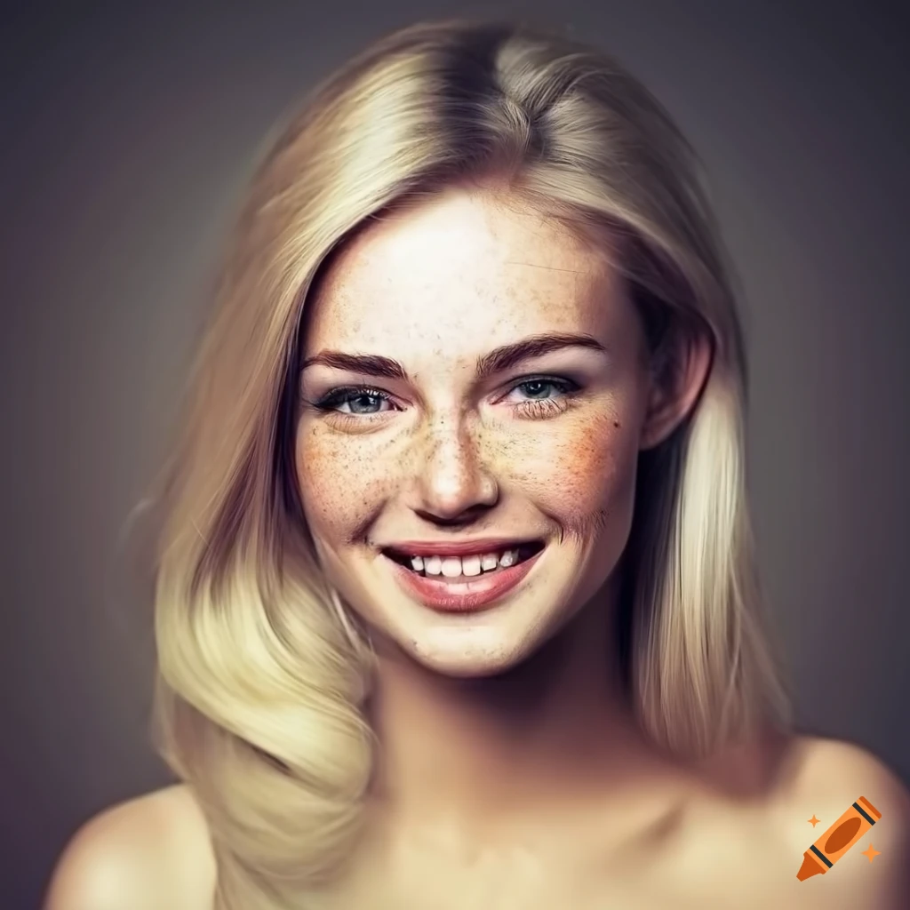 Full portrait of a smiling young woman with freckles