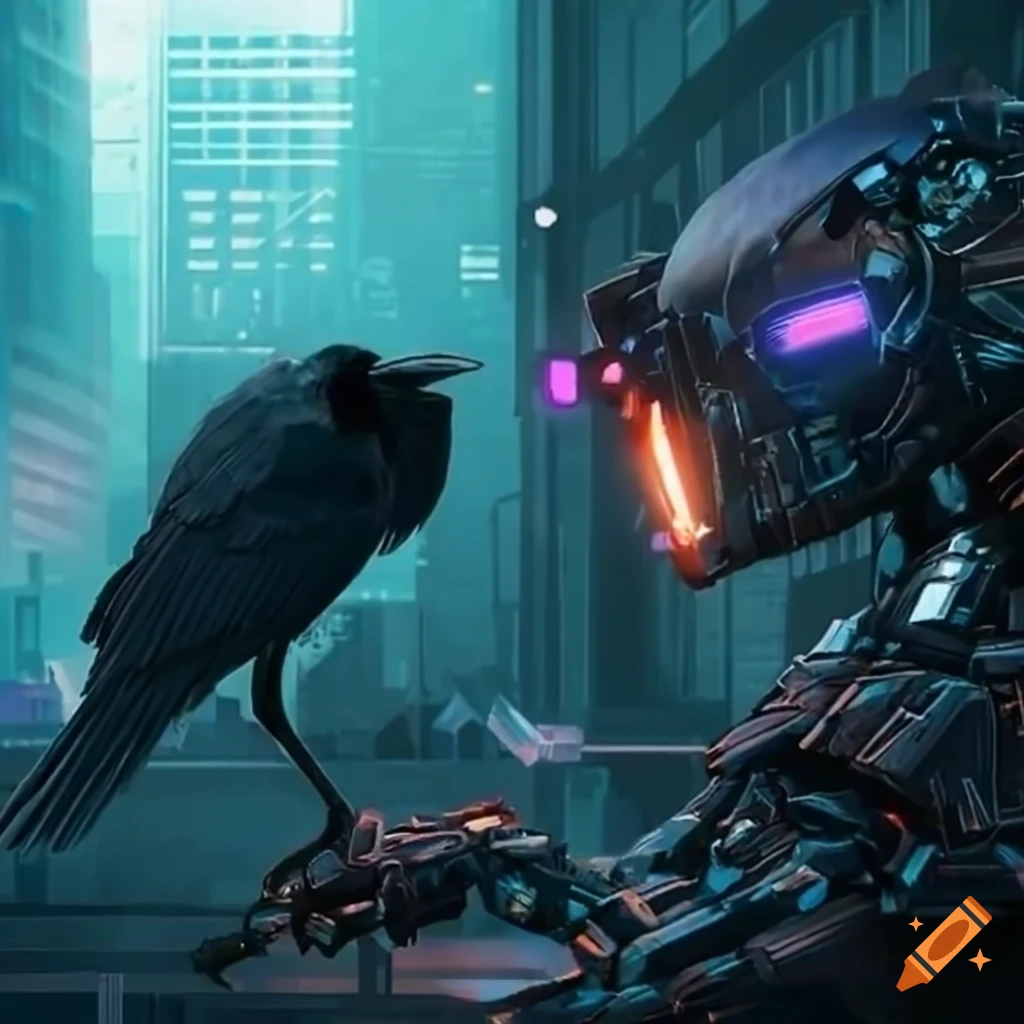 Cyberpunk-themed artwork of a jackdaw fighting a robot