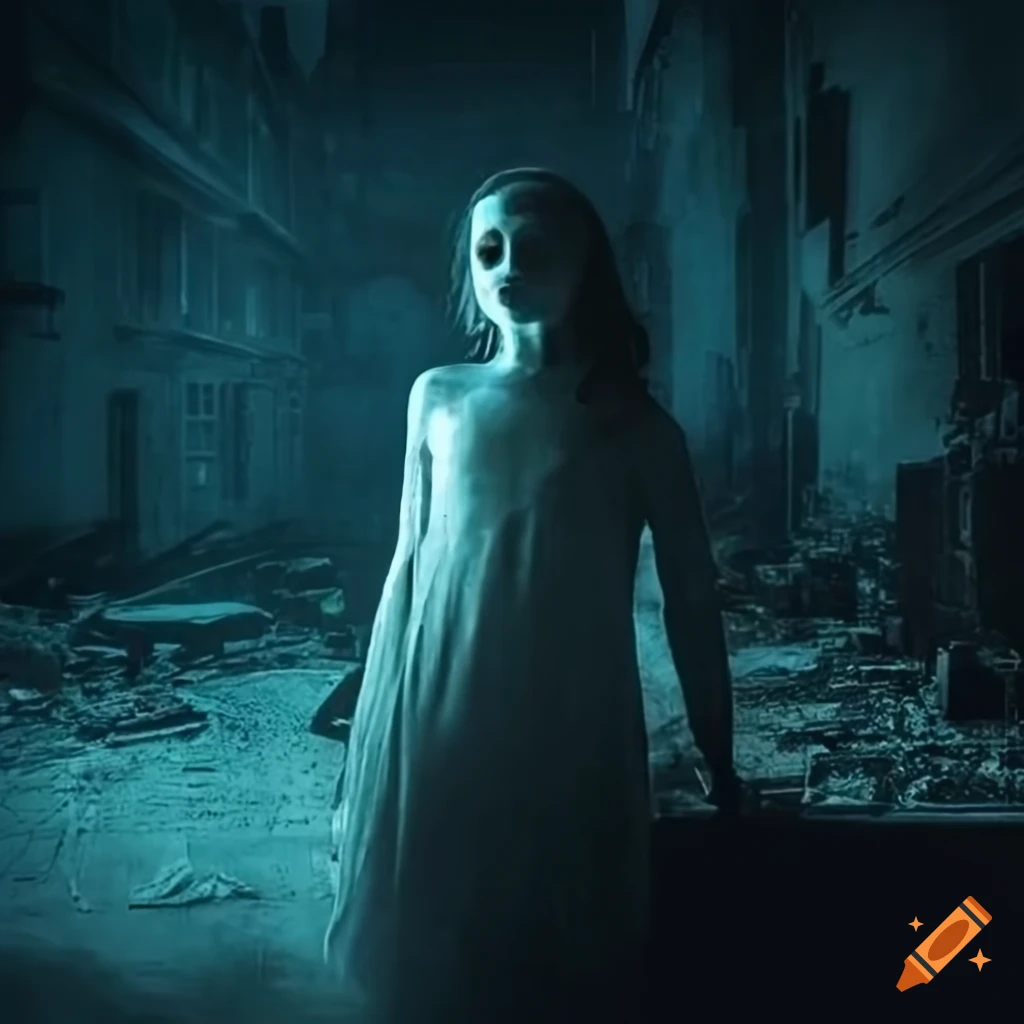 Photo of a pale paranormal figure in a destroyed city at midnight on Craiyon