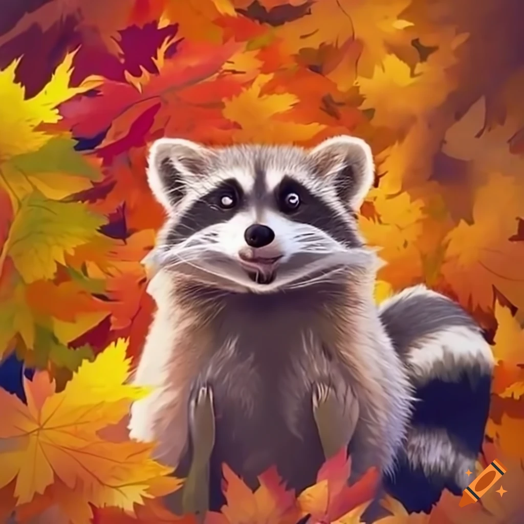 Raccoon playing in colorful autumn leaves