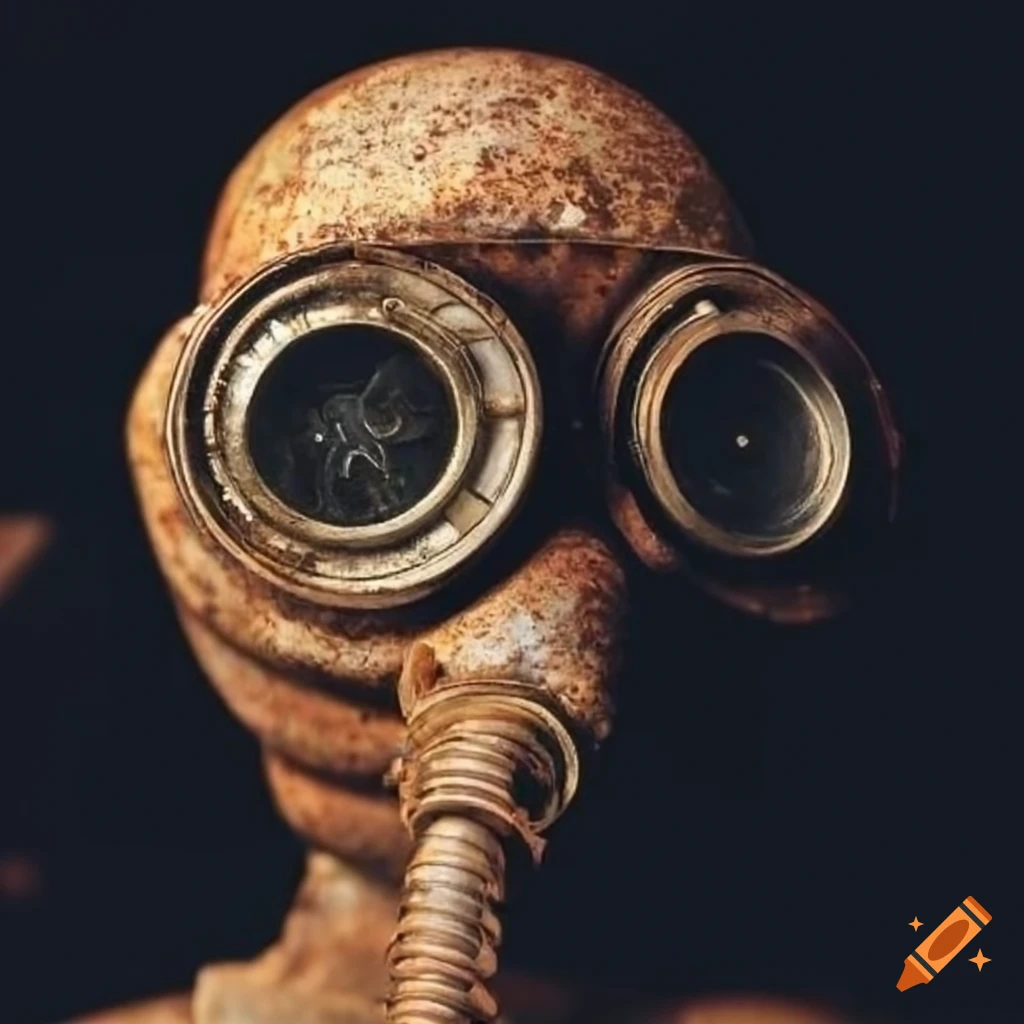 Sculpture of a humanoid made from license plate, rusty nail, telephone ...