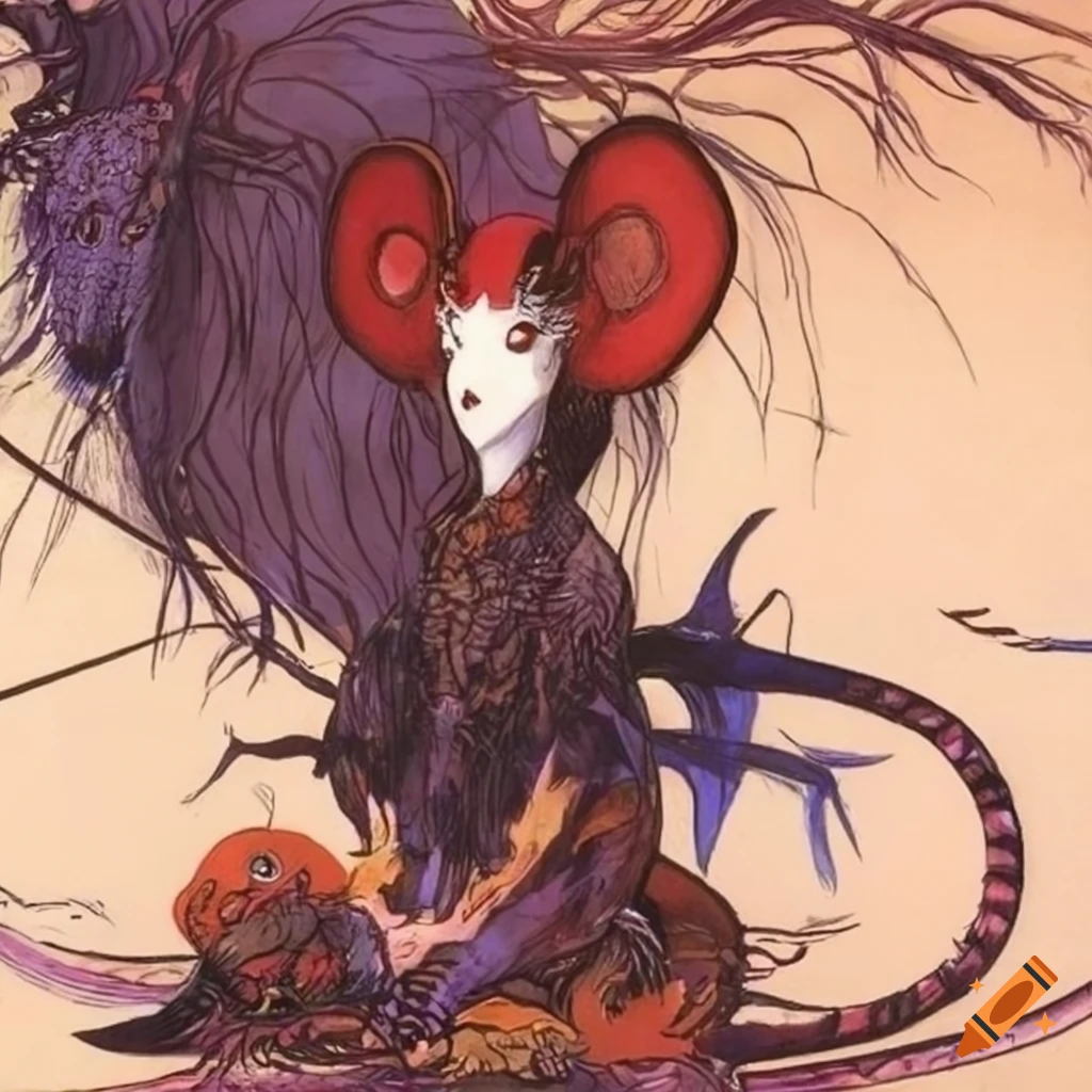 Yoshitaka amano style illustration of a giant rat familiar
