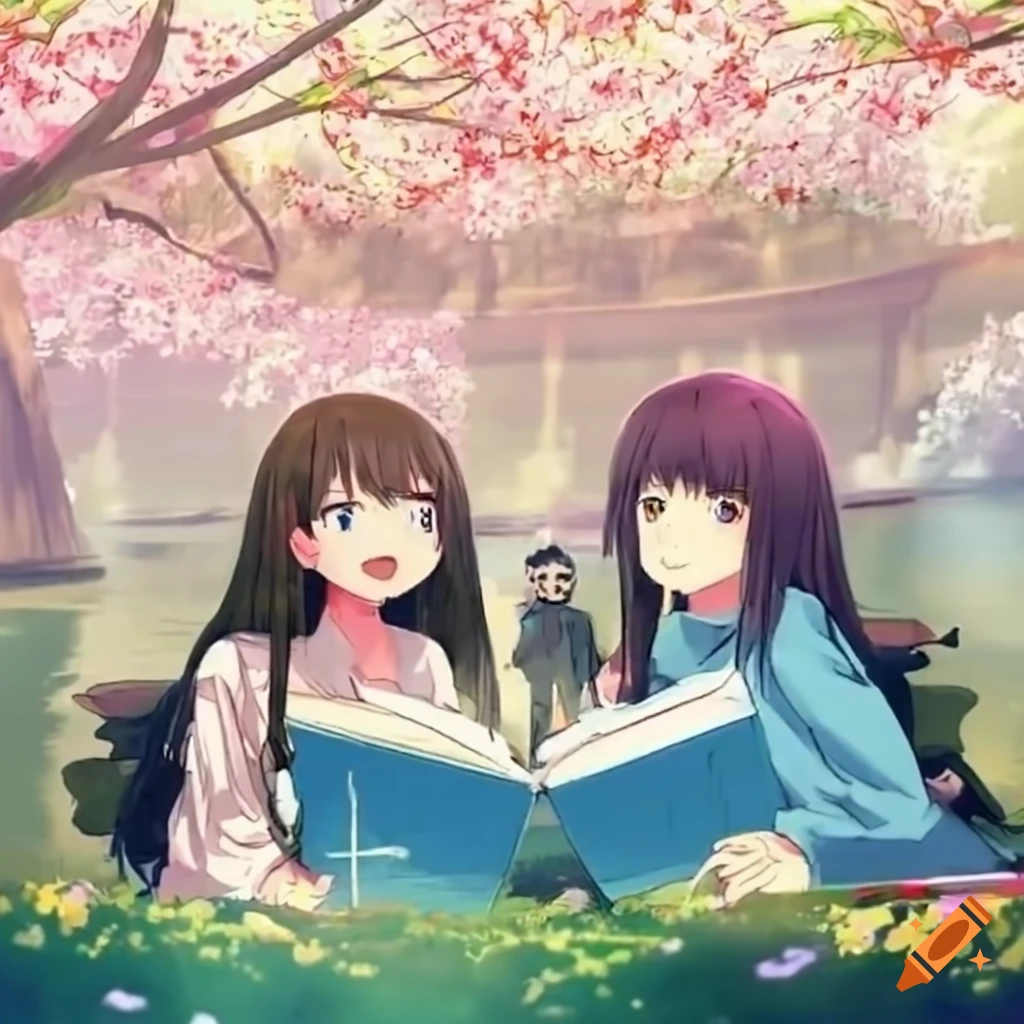 Anime girls studying on a flowering terrace on Craiyon