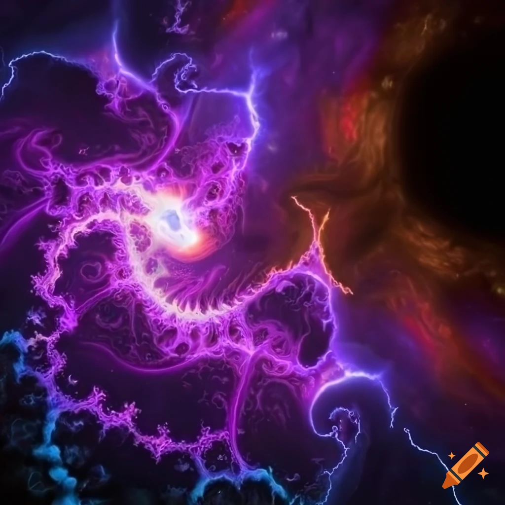 Fractal cosmic hellscape with purple storms and lightning on Craiyon