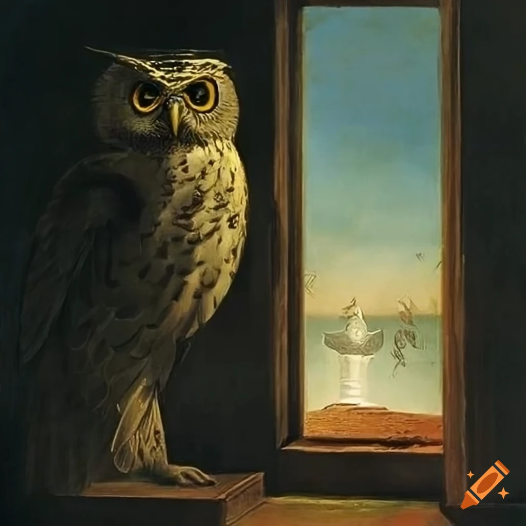 Artistic rendering of an owl near a window