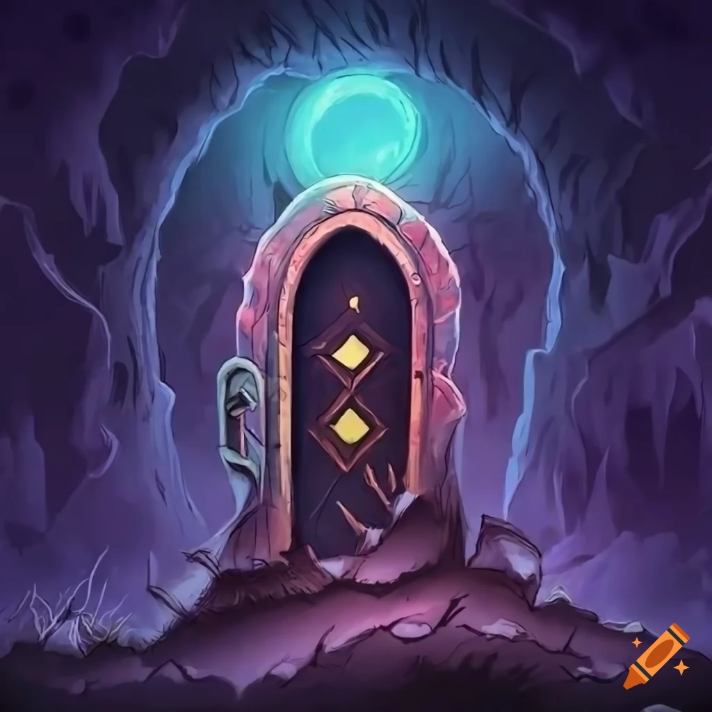 Dungeons and dragons-style illustration of a magic door on a mountain ...