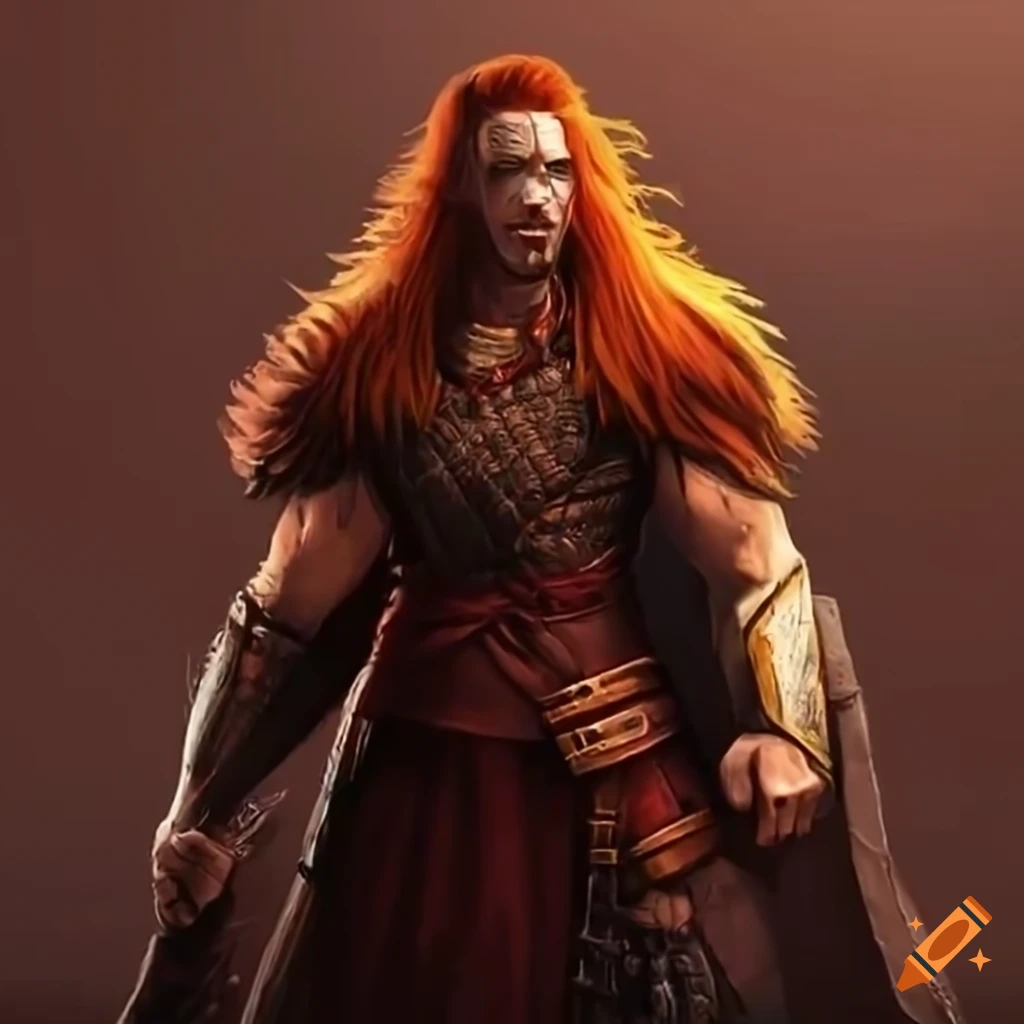 Red-haired warrior posing outside a tavern on Craiyon