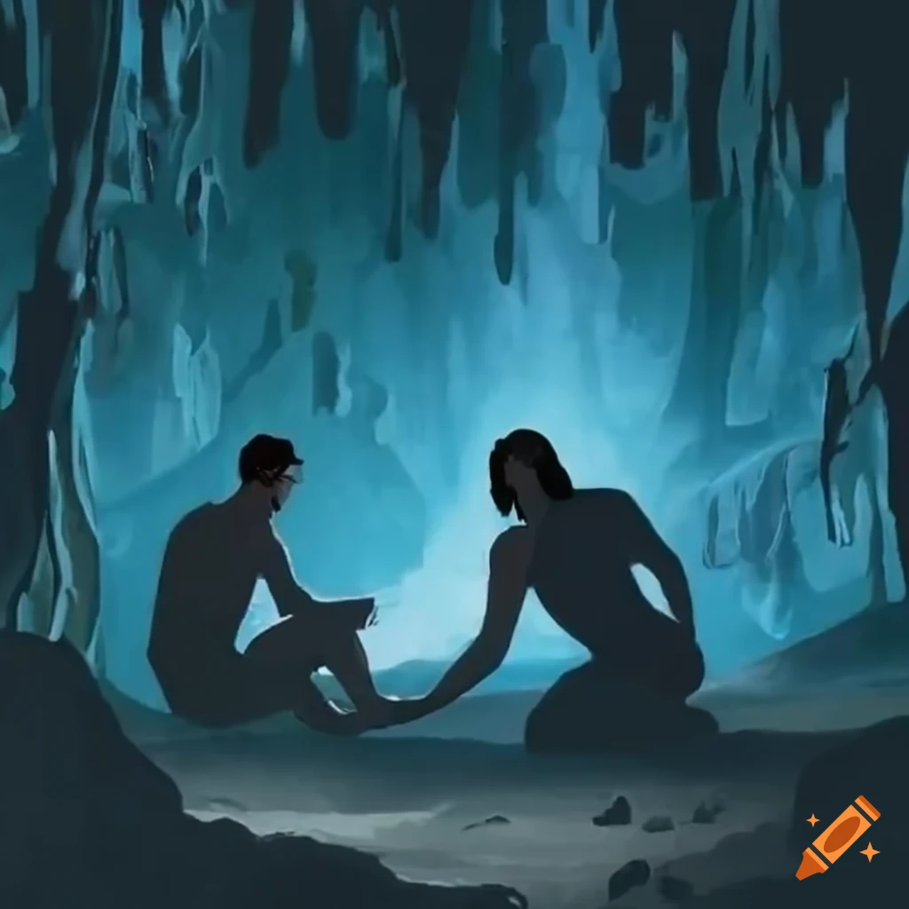 Indigena descubriendo agua en caverna noche y luna on Craiyon