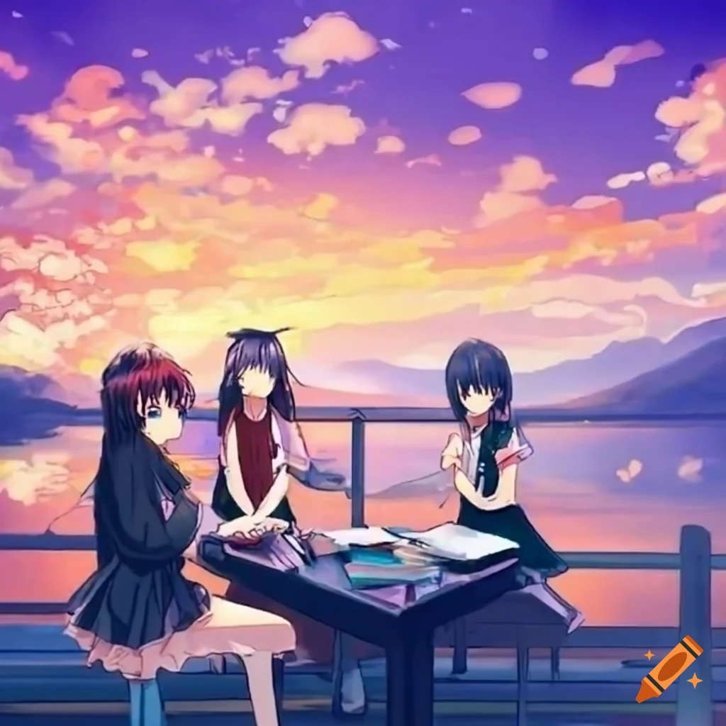 Cheerful anime girls studying at a terrace with garden backdrop on Craiyon