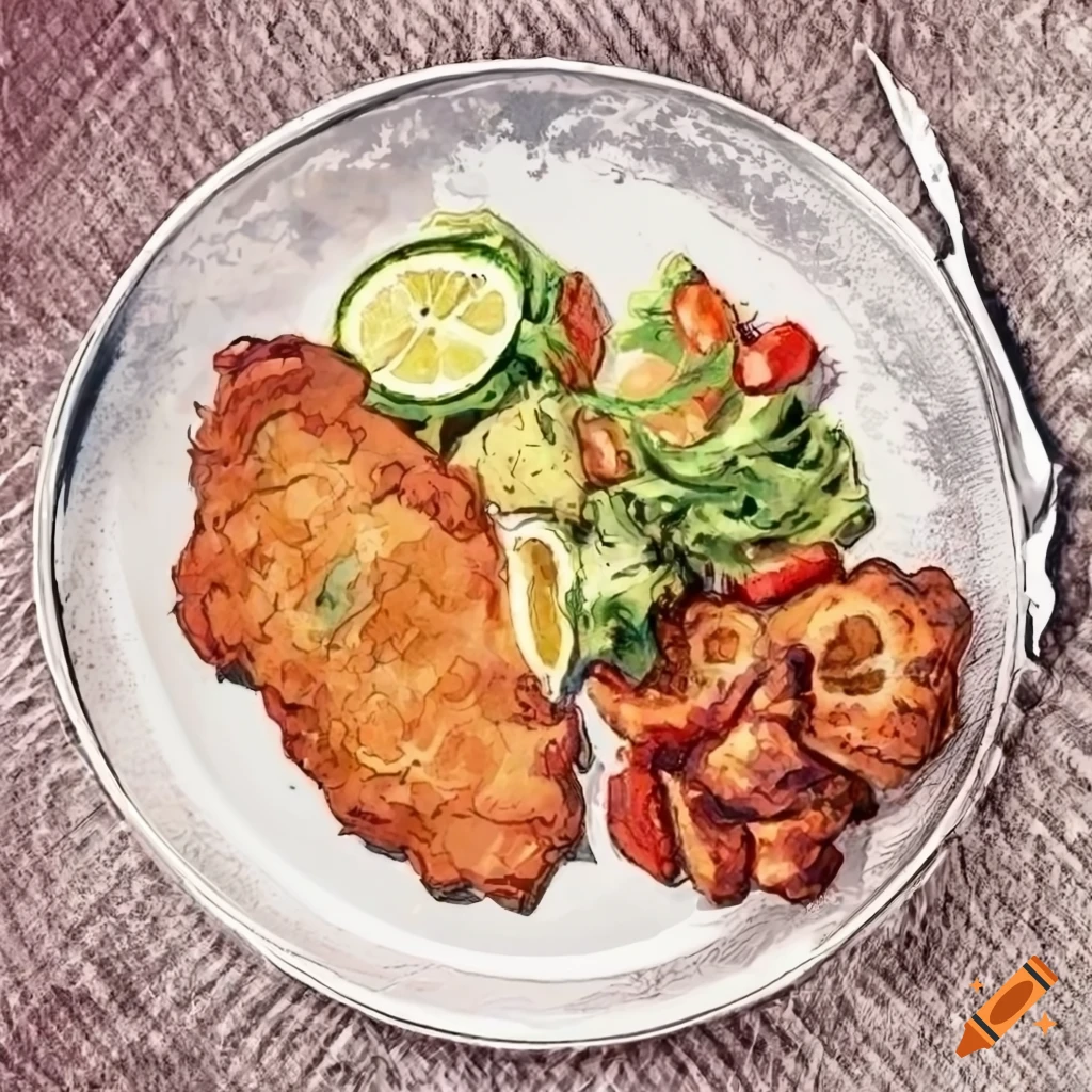 Vintage watercolor drawing of stuffed schnitzel with potato and salad ...
