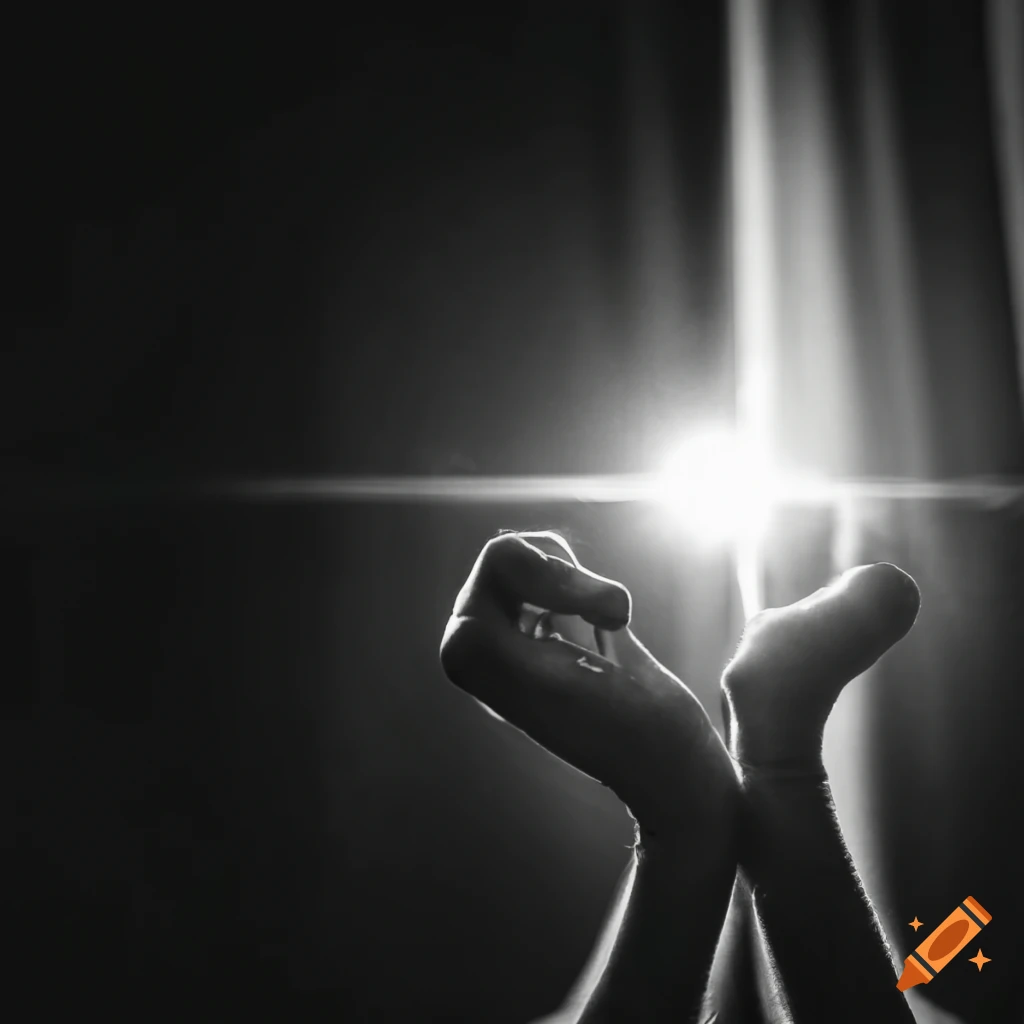 Closeup of crossed hands in black and white on Craiyon