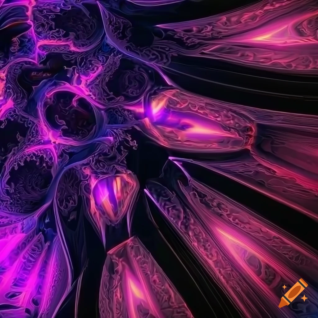 Neon-colored geometric fractal art on black background on Craiyon