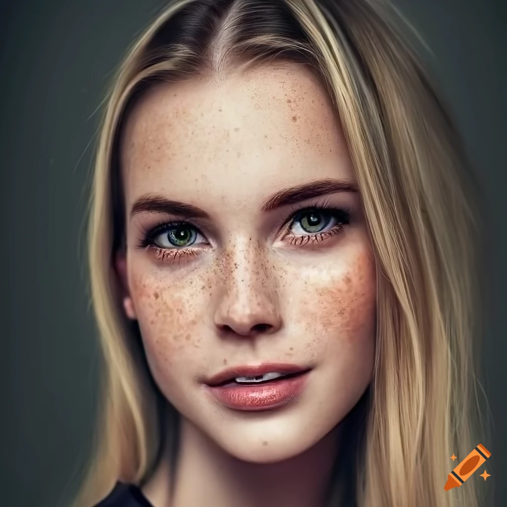 Portrait Of A Beautiful Young Woman With Freckles And Dark Blonde Hair