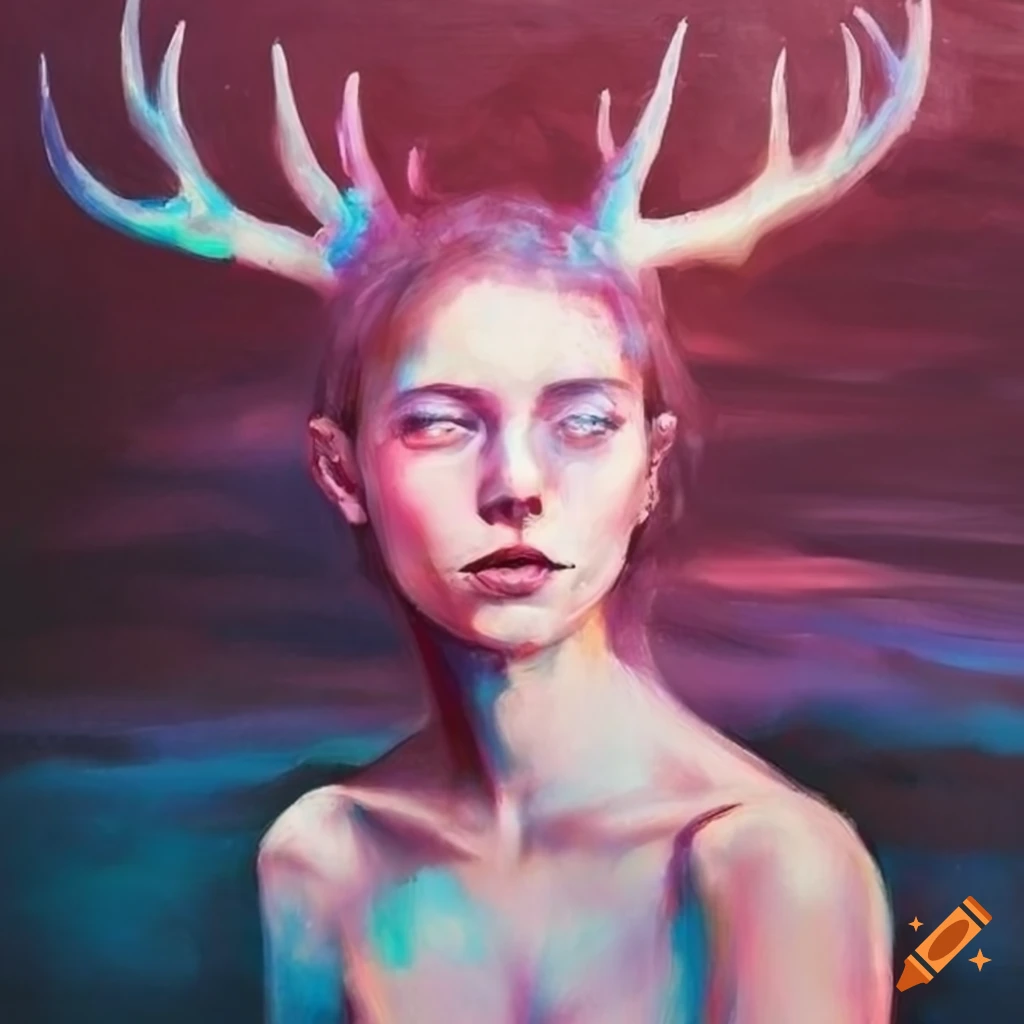 Painting of a girl with deer horns on water on Craiyon