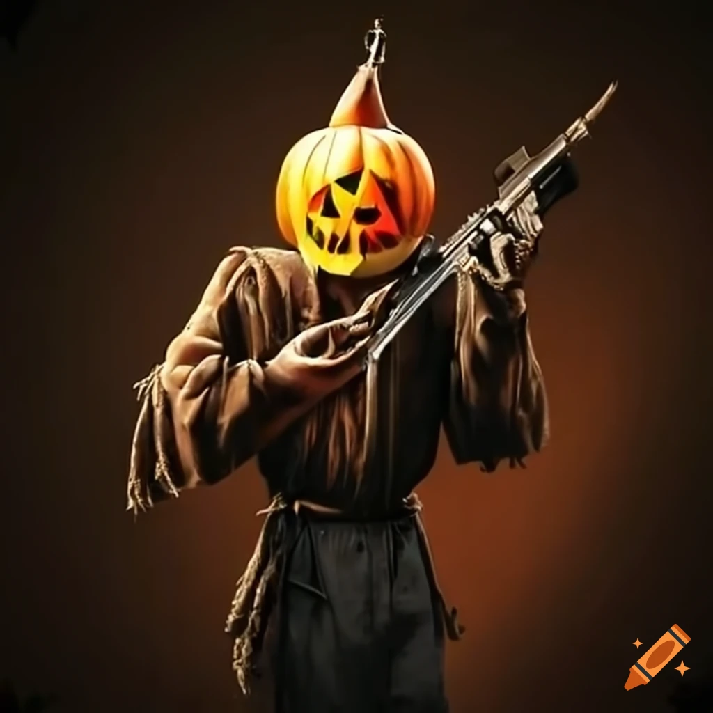 Scary scarecrow with a gun on halloween
