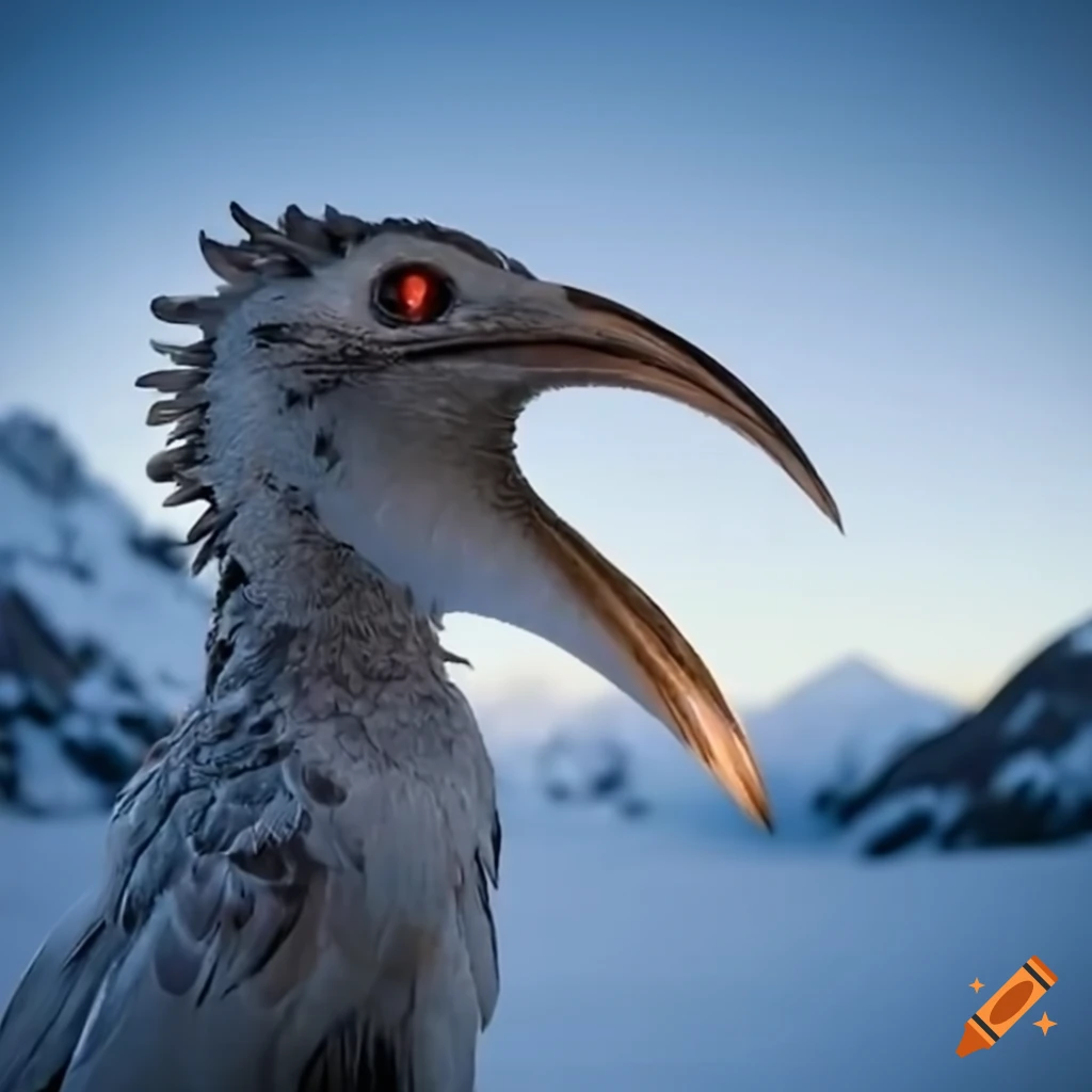 Snowy mountain with a mythical beaked creature standing on Craiyon