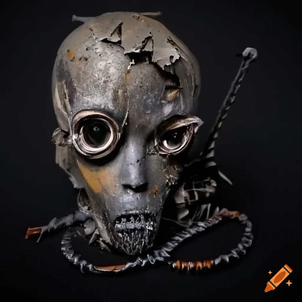 Found object sculpture of an alien made from various materials on Craiyon