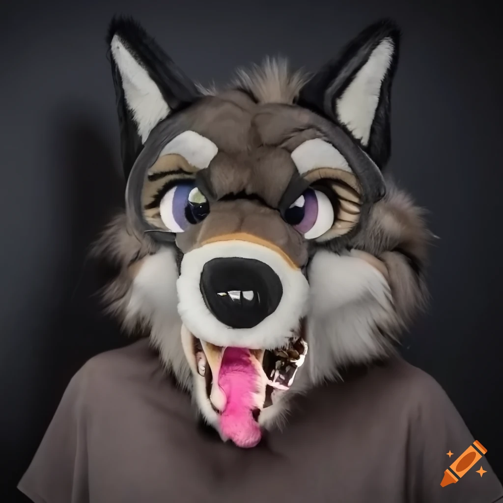 Side view of a wolf fursuit head with an open mouth on Craiyon