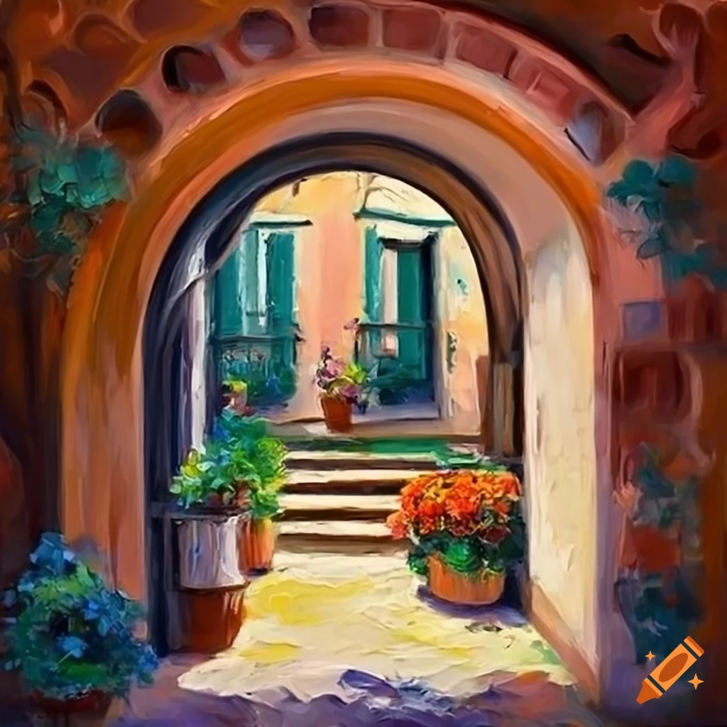 Intricate oil painting of an Italian courtyard on Craiyon