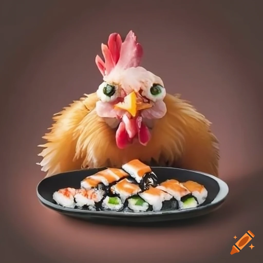 Funny chicken enjoying sushi on Craiyon