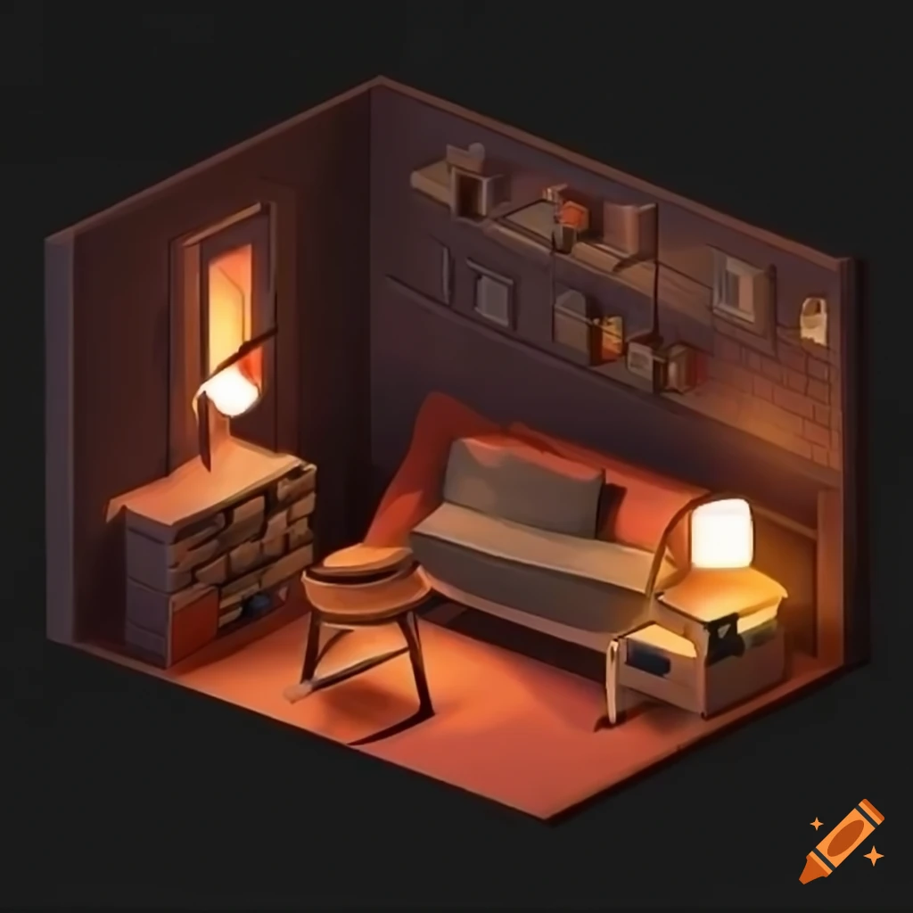 Isometric illustration of a cozy room with a chimney