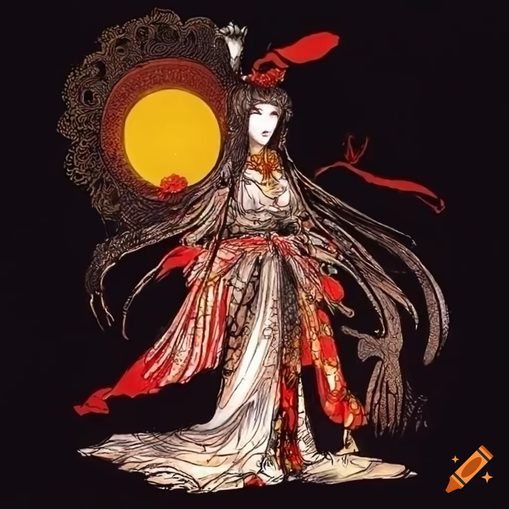 Imperial fire queen armored cleric priestess in the style of yoshitaka ...