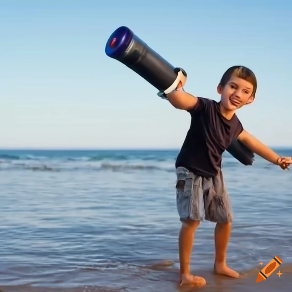 Boy playing with a futuristic water gun arm cannon at the beach on Craiyon