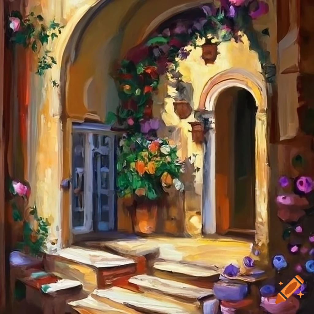 Oil painting of a small Italian house courtyard on Craiyon