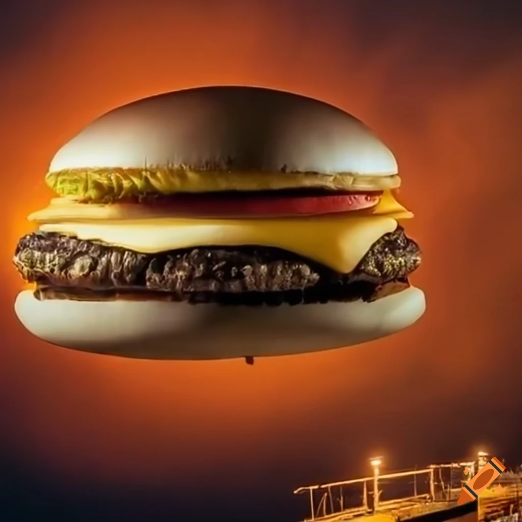 Sci-fi artwork of a cheeseburger-shaped alien spaceship on Craiyon