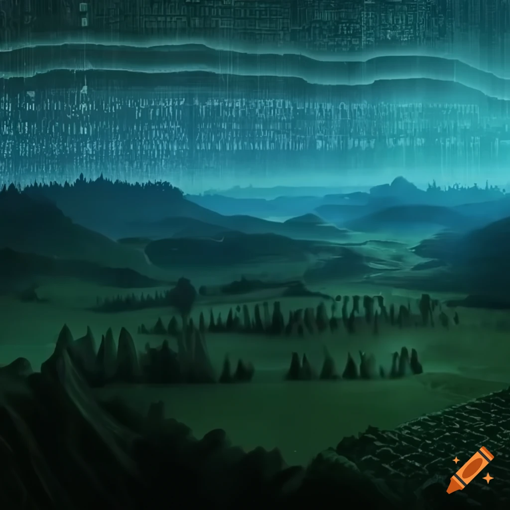 Artwork of a medieval landscape with binary code on Craiyon