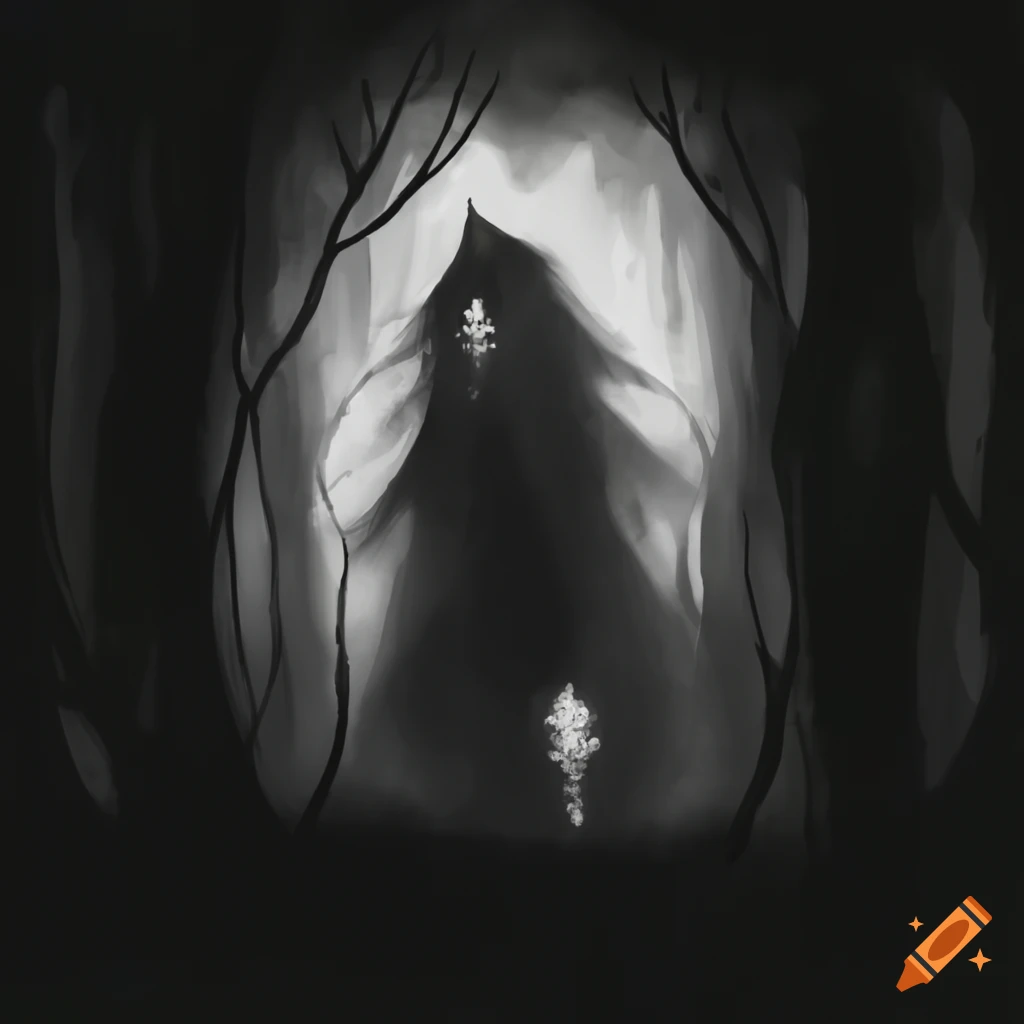Black and white image of a will-o'-the-wisp in a dark forest on Craiyon