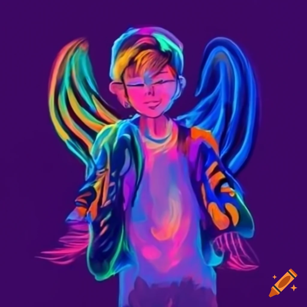 Neon artwork of a boy angel looking up on Craiyon